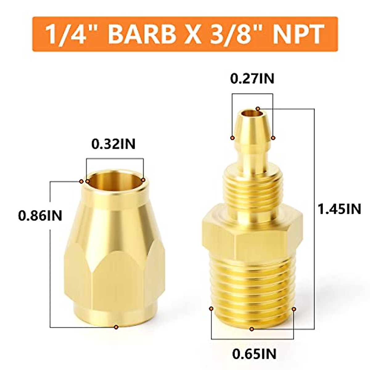 GASHER 5PCS Brass Pneumatic Replacement Fitting, Reusable Hose End Repair Fitting 1/4" Barb（Suitable for 1/4" ID，5/16" OD air hose) x 3/8" NPT Rigid
