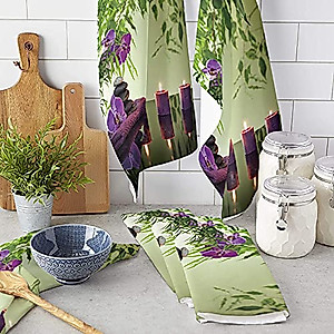 Kitchen Towels Set Zen Spa Dish Towel Butterfly Orchid Zen Basalt Stones Candle Purple Hand Towel 2 Pack Absorbent Soft Cotton Dishcloths Bar Towels & Tea Towels