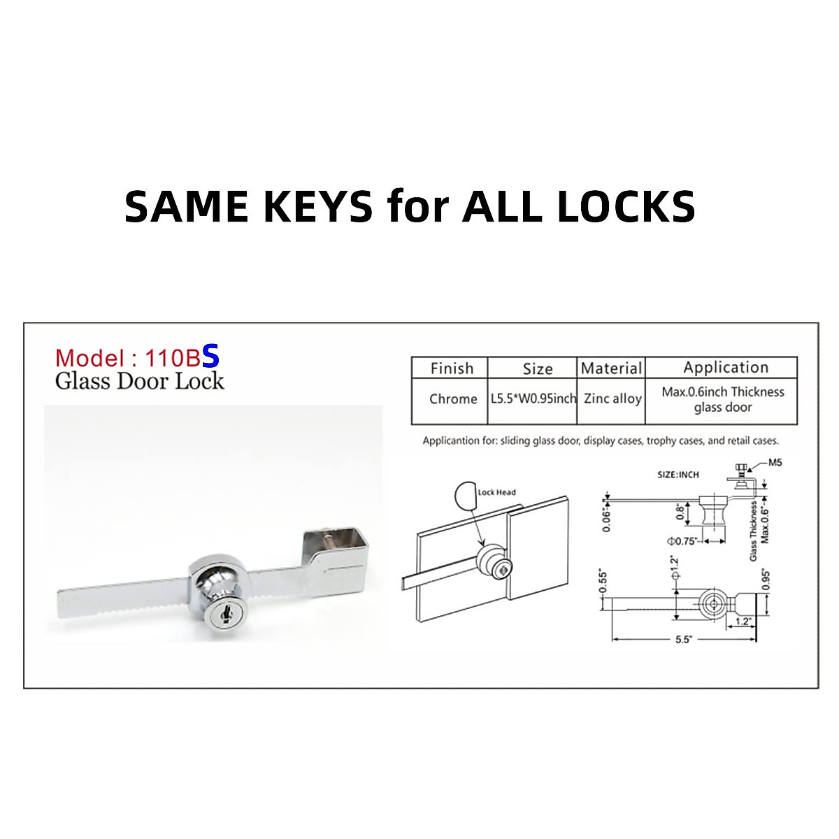 Sliding Glass Door Ratchet Lock Keyed Alike with Chrome Finish for Display Case Showcase Cabinet Closet (Same Keys)