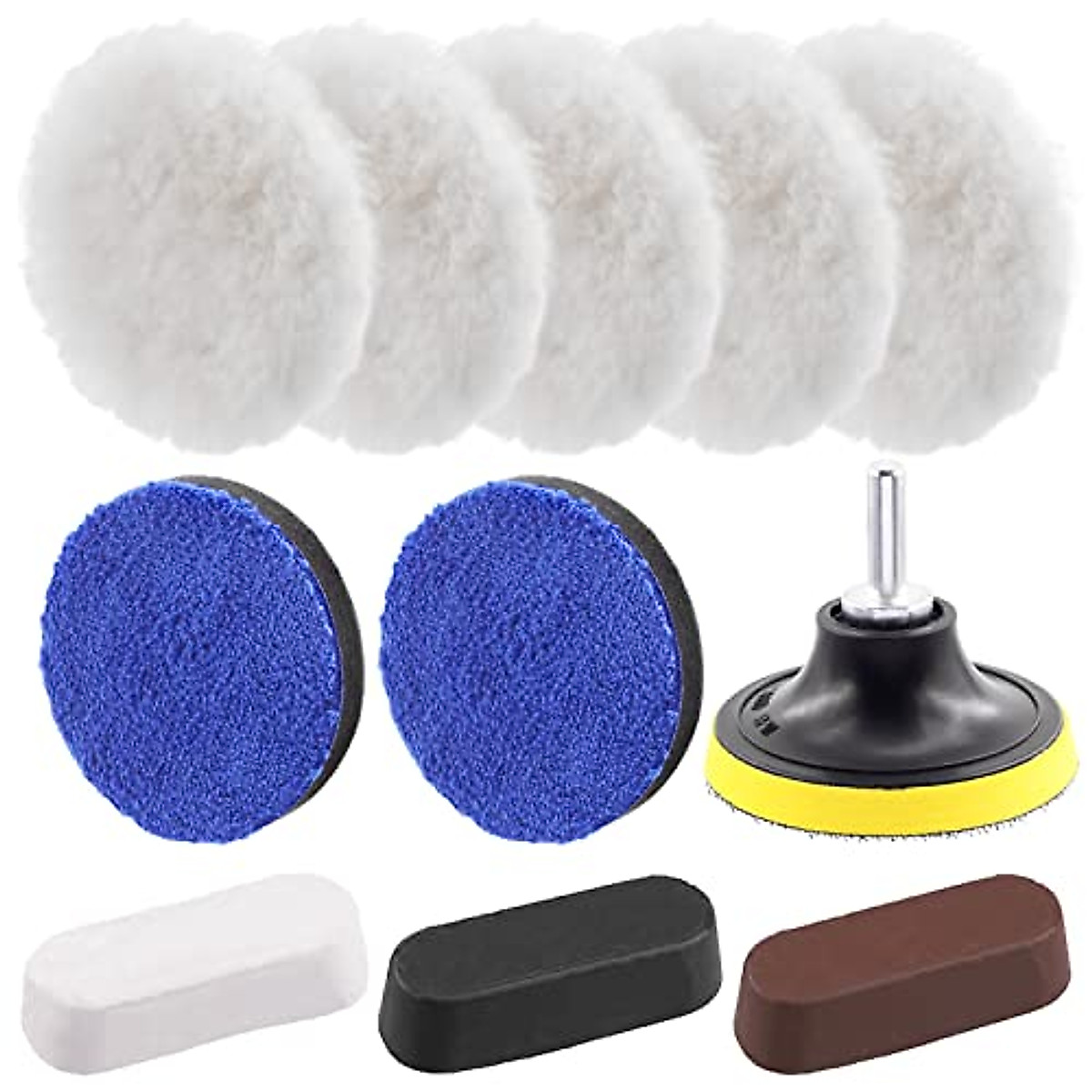 Cimeton 11Pcs 3 Inch Wool Cutting Pad Set, Wool Buffing Polishing Pad, Hook & Loop Backing Plate with M10 Drill Adapter, Polishing Compound and Microfiber Pad for Car Polishing Waxing Cleaning