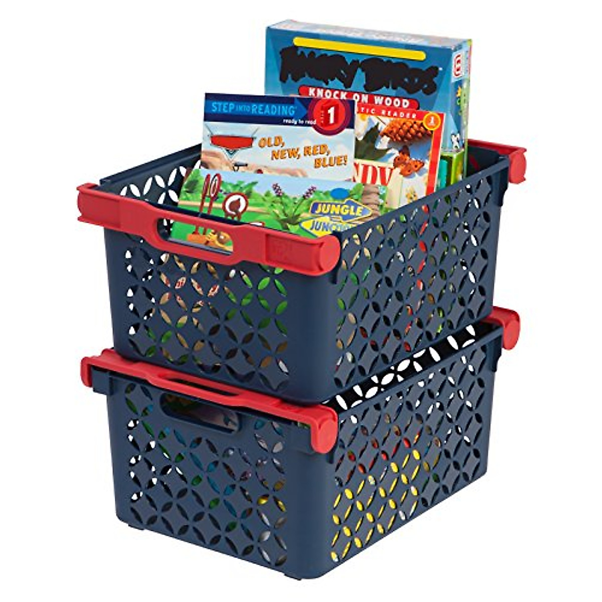 IRIS USA Boy's Medium Deep Decorative Storage Basket with Comfortable Grip Handles, 8 Pack, Toy Box, Nestable, Stackable, Kid's Storage Box for Book and Toy, Kid's Room Playroom Organizer, Navy/Red