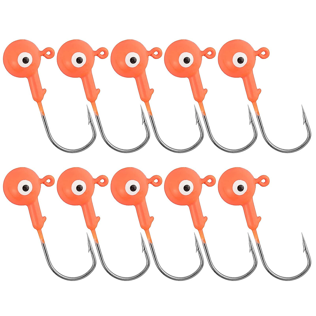 Alwonder 10 Pack Round Fishing Jig, Bass Ball Jigs 3D Eyes High Carbon Steel Jig Hooks Bass Lures Jig Heads Freshwater Saltwater Surf Fishing Jigs for Walleye Striper Pompano, Orange-1/2oz