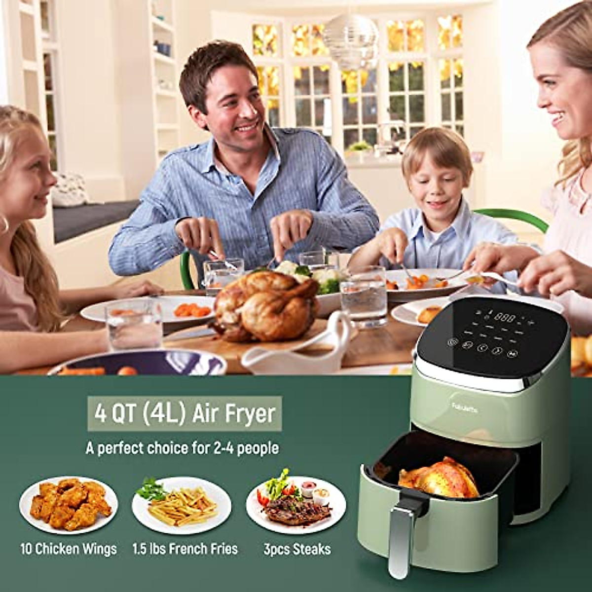 Air Fryer, Fabuletta 9 Customizable Smart Cooking Programs Compact 4QT Air Fryers, Shake Reminder, 450°F Digital Airfryer,Tempered Glass Display, Dishwasher-Safe & Nonstick, Fit for 2-4 People