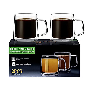 CNGLASS 10oz Glass Coffee Mugs,Double Wall Insulated Glass Mugs with Handle,Clear Espresso Mugs for Latte,Cappuccino,Tea Bag,Set of 2