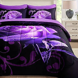 Purple Comforter Set Queen, Reversible Purple Rose Printed 7 Pieces Bed in a Bag, Lightweight Soft Microfiber Comforter Bedding Sets with Comforter, Flat Sheet, Fitted Sheet, Pillowcases & Shams