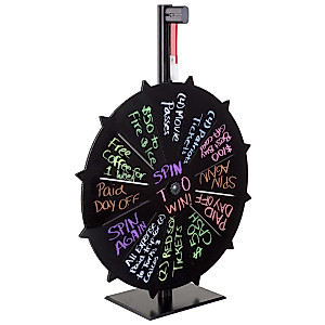 Displays2go Prize Wheel for Tabletop Use with 12 Prize Slots, 27" Glossy Black Write-on Surface Works with Wet-Erase and Liquid Chalk Markers (Not Included), Plastic Flapper, Black Aluminum Stand
