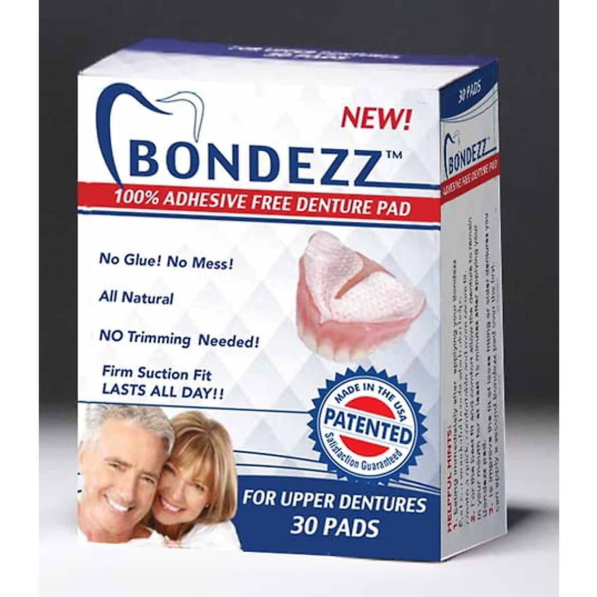 Bondezz Adhesive Free Denture Pads | Upper Denture | 30 Pack | Secure & Comfortable Fit | No Glue/No Mess | All Day Suction | Denture Glue Alternative | Safe, Natural & Non-Toxic