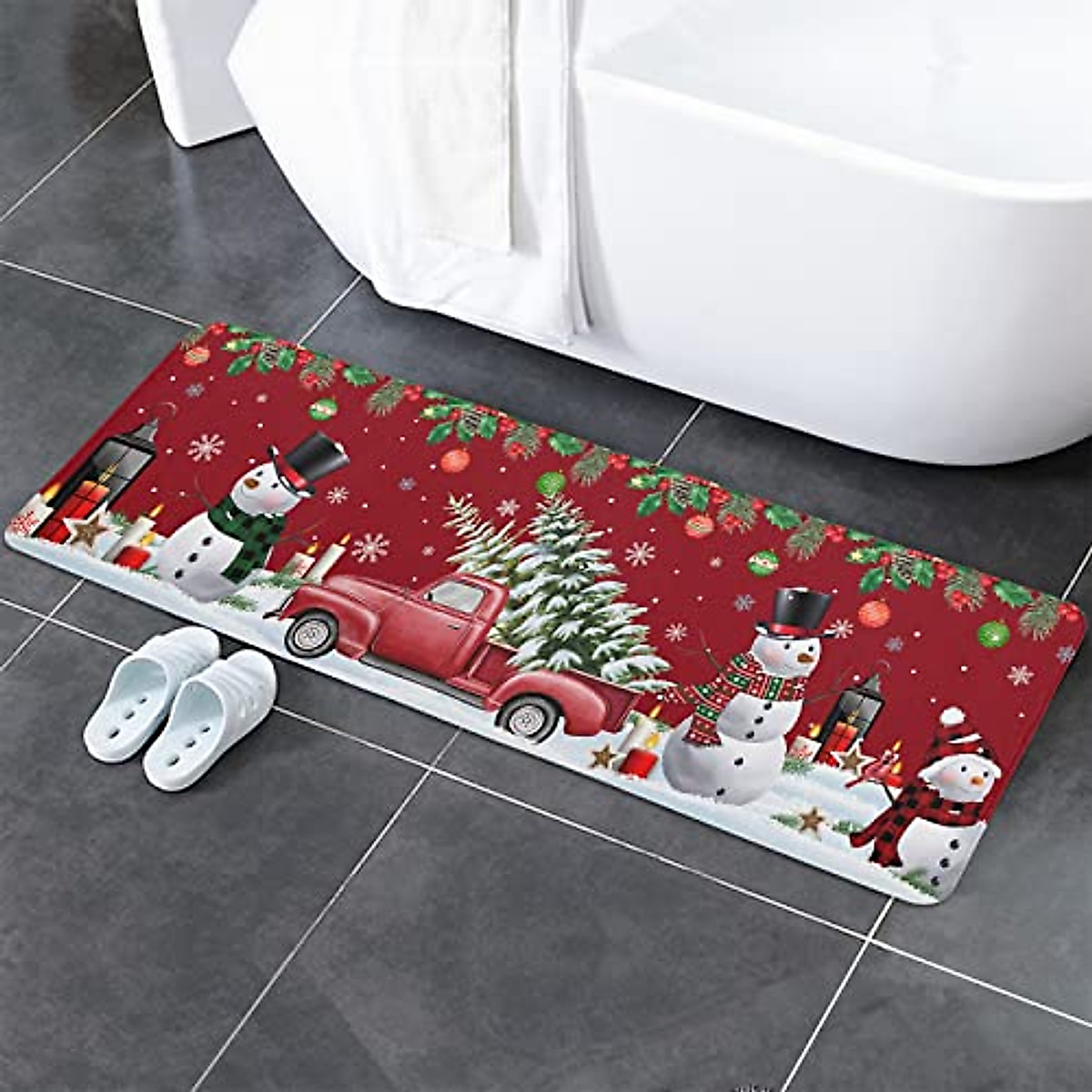 Libaoge Kitchen Mat Rug 1 PCS Christmas Snowman Bird Truck Xmas Tree Red Runner Rug Anti-Fatigue Comfort Memory Foam Standing Mat Non-Slip Floor Door Mat for Bathroom Bedroom 24x71in