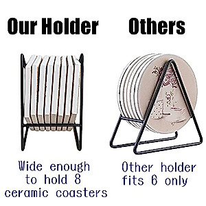 ENKORE Coaster Holder Extra Wide Triangle Design - Black Metal Rack Hold 4 to 8 Pieces Upright Standing for Better Display and Storage or Handle - Fit Round or Square Drink Mats, Sold Without Coasters