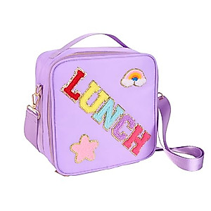 HASOIY Personalized Colorful Letter Patch Insulated Lunch Bag Custom Glitter Varsity Letters Reusable Lunchbox For Kids (purple)