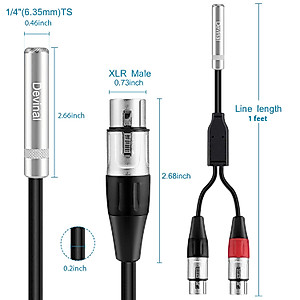 Devinal 1/4 inch Female to Dual XLR Female Y Cable, 6.35mm Female TRS to 2 XLR Microphone Converter, Female Quarter inch Socket Y Splitter Audio Breakout Cord wire 1FT