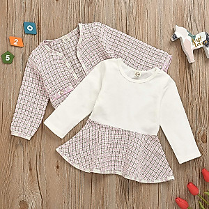 BOIZONTY Toddler Kids Baby Girls Plaid Skirt Set Cardigan Jacket Coat + Tutu Dress Set Long Sleeve Outfits Fall Outfit Set (Pink,3-4T)