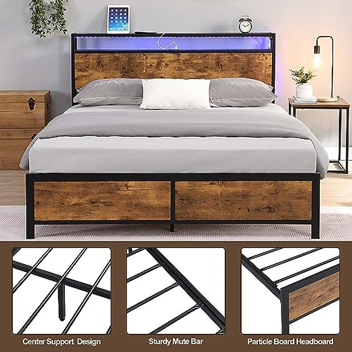 Anwick Metal Queen Bed Frame with Storage Headboard and 2 USB Ports,Industrial Bed Frame Queen Size with LED Lights and Underbed Storage,Noise Free, No Box Spring Needed (Queen)