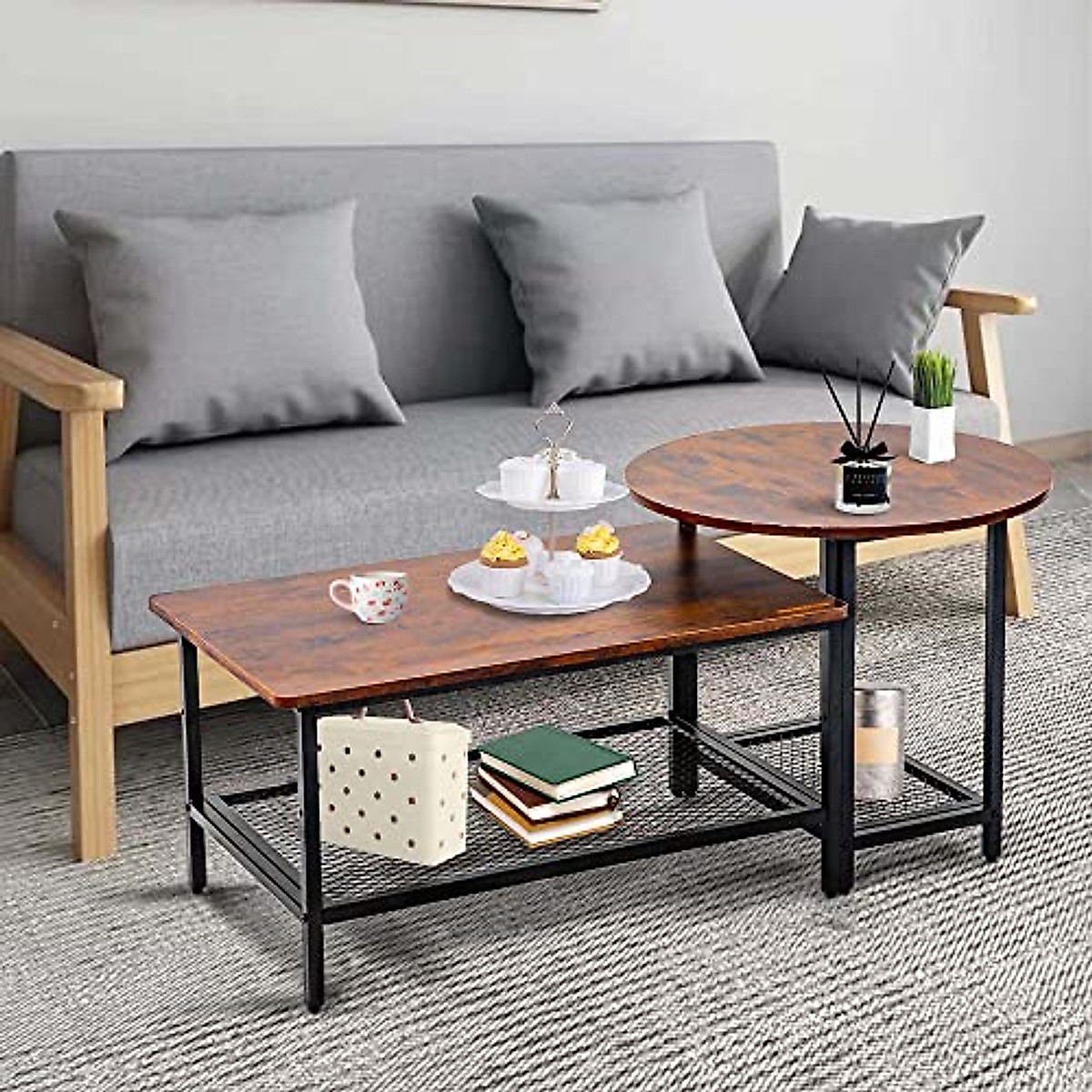 BETTAHOME 2 Piece Industrial Coffee Table Set, Detachable Nesting Rectangular and Round Side Table with Storage Shelf, Ideal for Living Room, Small Spaces Rustic Brown BT003