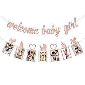 Baby Shower Decorations for Girl - Welcome Baby Girl Banner and Baby Shower Photo Banner for baby girl shower decor(rose gold)