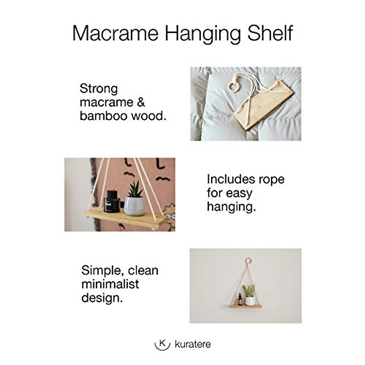 Kuratere Bamboo Hanging Wall Shelf - Indoor BoHo Plant Shelf - Macrame Rope 12 Inch Eco Friendly Wooden Floating Shelves for Organized Bedrooms, Living Rooms, Closets or Bathrooms