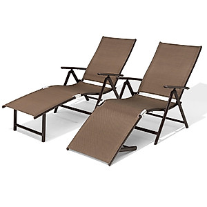 VredHom 2PCS Patio Chaise Lounge Outdoor Adjustable Folding Lounge Chair Recliner with 8 Adjustable Backrest Positions for Pool Beach Yard, Brown Textliene and Brown Aluminum Frame