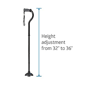 Medline Offset Folding Cane, 4-Point Base With Cushioned Gel Handle, Supports Up To 350 Lbs, Black