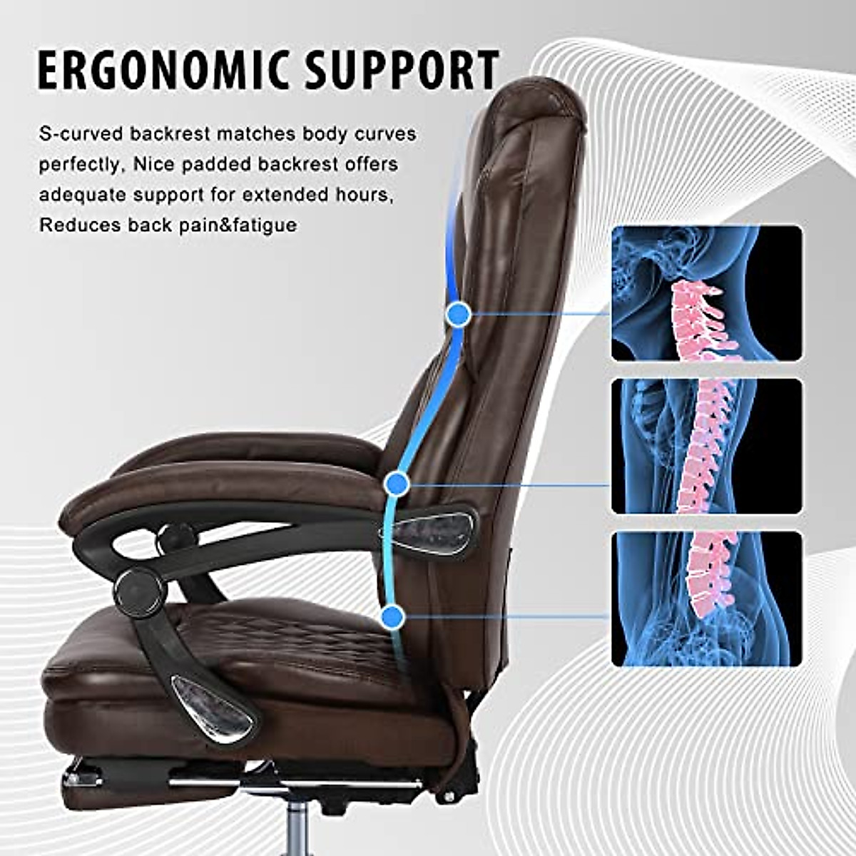 Comermax Big and Tall Home Office Desk Chairs for 400lb Heavy People, Ergonomic Reclining Office Chair with Footrest and Wide Seat, Plus Size Managerial Executive Chairs (Coffee Brown)