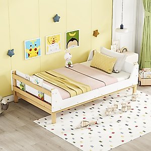 Kids Twin Size Bed Frame with Storage Bookcase, Wood Twin Bed Frames for Kids, Twin Bed Frame with Headboard and Footboard for Boys Girls, No Box Spring Needed,White