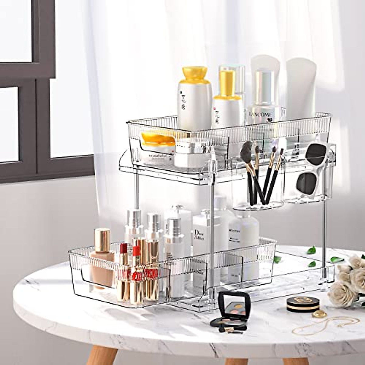 2 Tier Bathroom Organizer with Dividers,1 Set Clear Under Sink Organizers Storage Slide Out Bathroom Vanity Counter Storage Container with 4 Cups for Kitchen Pantry Cabinet Closet, Medicine Organizer