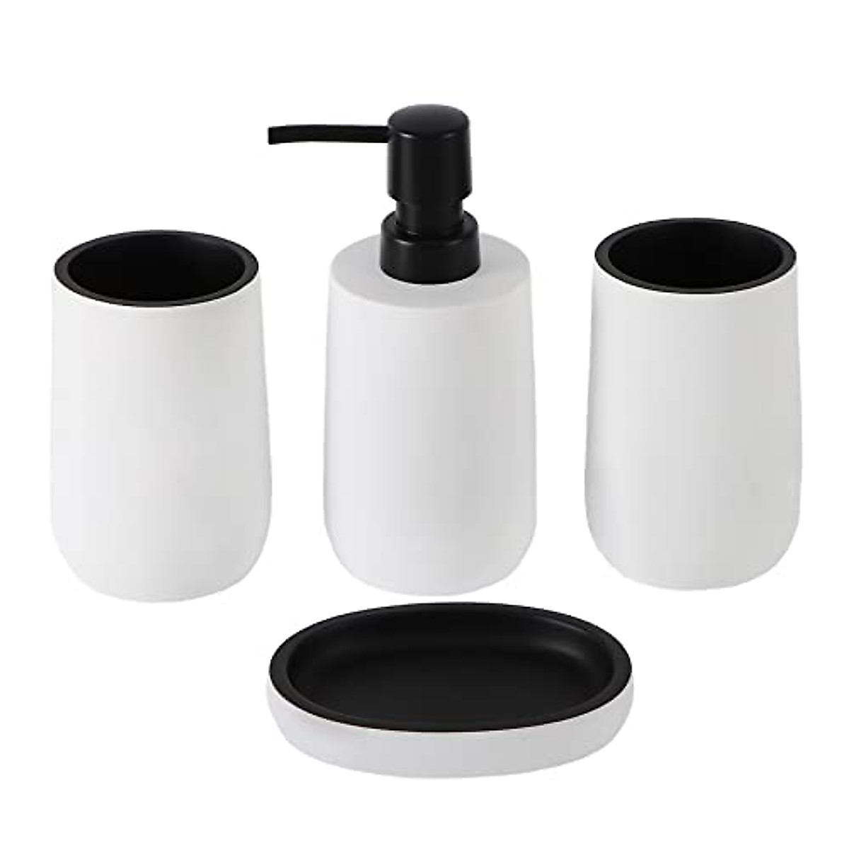 3&7 BRICK Black and White Bathroom Accessories Set,4 Pieces,Toothbrush Holder,Lotion Soap Dispenser,Tumbler,Soap Dish, Resin Countertop Complete Decor and Gift Set