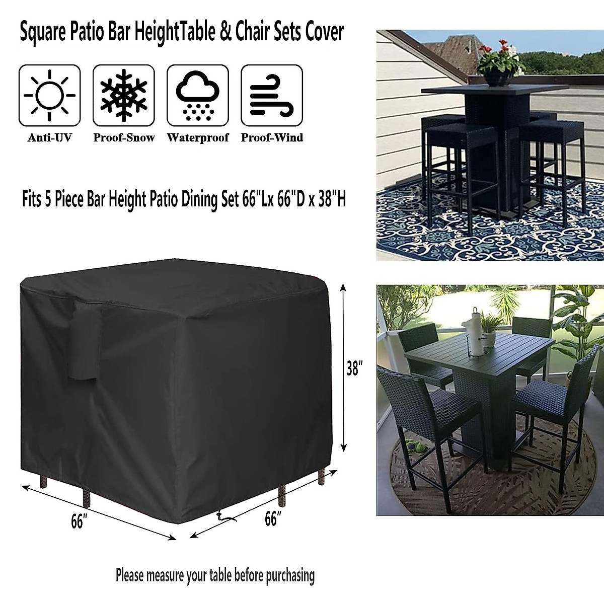 Hengme 5 Piece Bar Height Patio Dining Set Covers, 66 Inch Outdoor Waterproof Square Wicker Bar Table & Chair Sets Cover for Square Table and 4 Chairs - 66"W x 66"D x 38"H