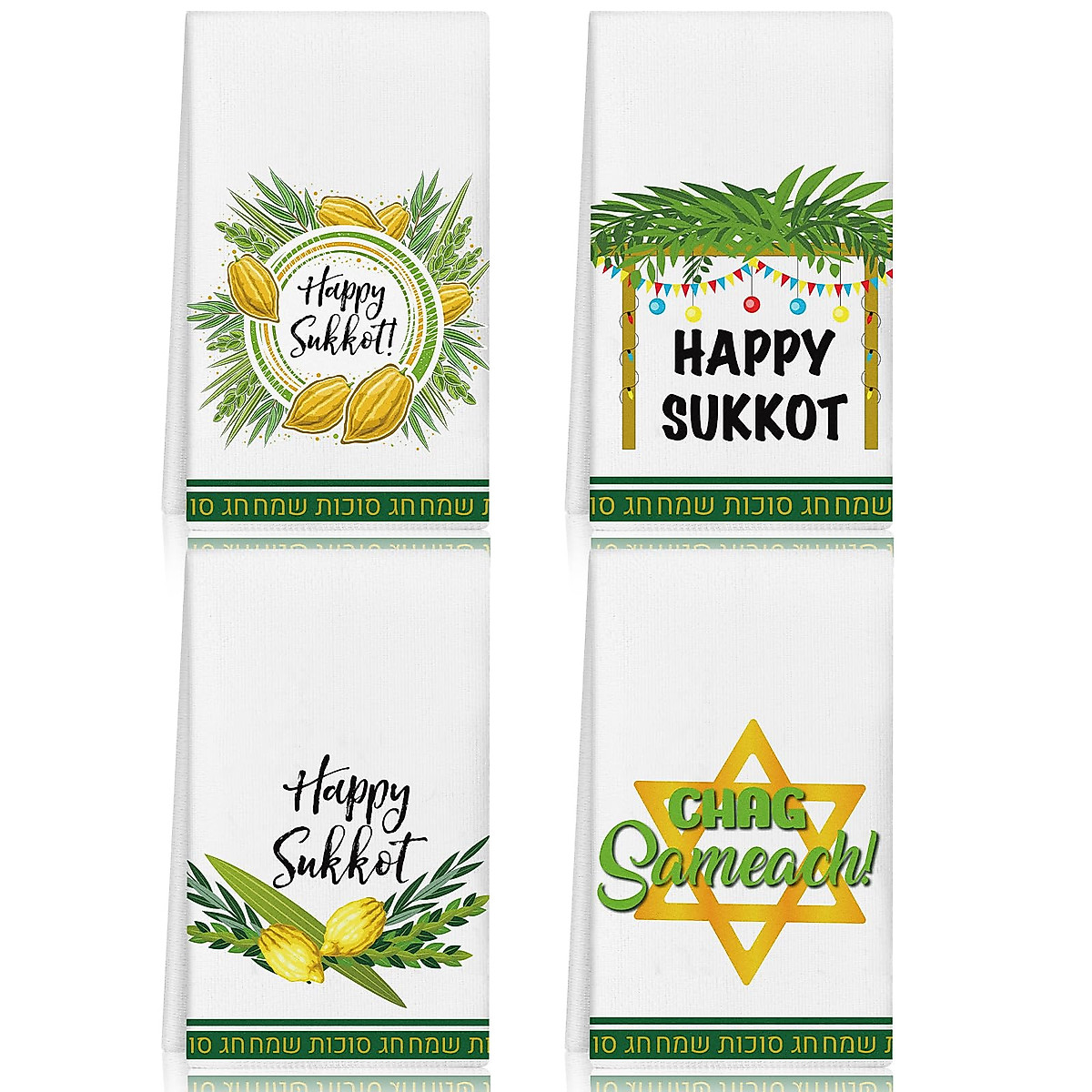 FuWeave 4 Pcs Happy Sukkot Kitchen Towels Etrog Dish Towels 15.7 x 23.6 Inch Hebrew Jewish Lulav Decoration Gifts Dish Cloth Hand Drying Towel Sukkah Party Tea Towel for Home Baking Holiday