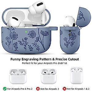 Lerobo Flower Engraved Cover Compatible with Airpod Pro Case 2nd 1st Generation Cute, Full Protective Soft Silicone Case for Apple AirPod Pro/AirPods Pro 2 Case USB C, Front LED Visible, Lavender Gray