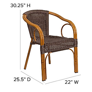 EMMA + OLIVER Dark Brown Rattan Patio Chair with Red Bamboo-Aluminum Frame