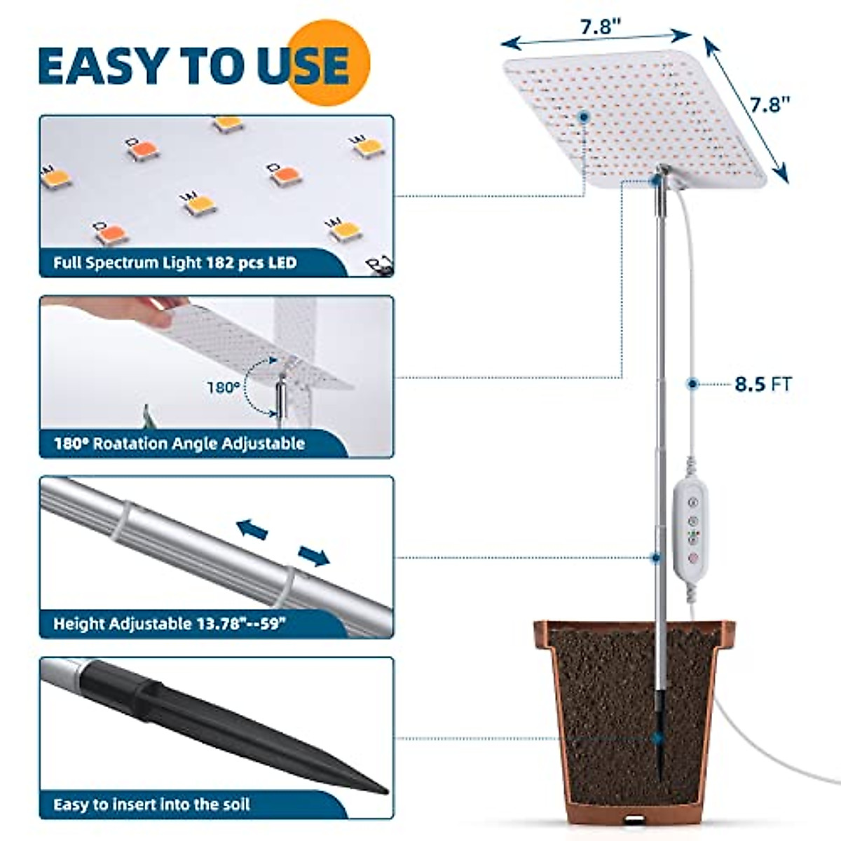 Barrina Plant Grow Light, 182 LEDs Full Spectrum Grow Lights for Indoor Plants, Height Adjustable Growing Lamp Fixture with Automatic Timer 3/6/12H, 7 Dimmable Levels, 3 Color Mode for Large Plants