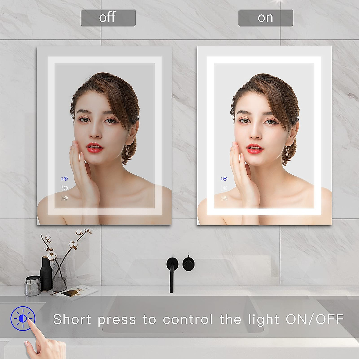 TATU LED Bathroom Mirror,36x28 Inch Bathroom Vanity Mirror Wall Mounted with 3000K-6000K Adjustable, Anti-Fog, Smart Touch Button, Stepless Dimmable Lighted Makeup Mirror, Horizontal/Vertical