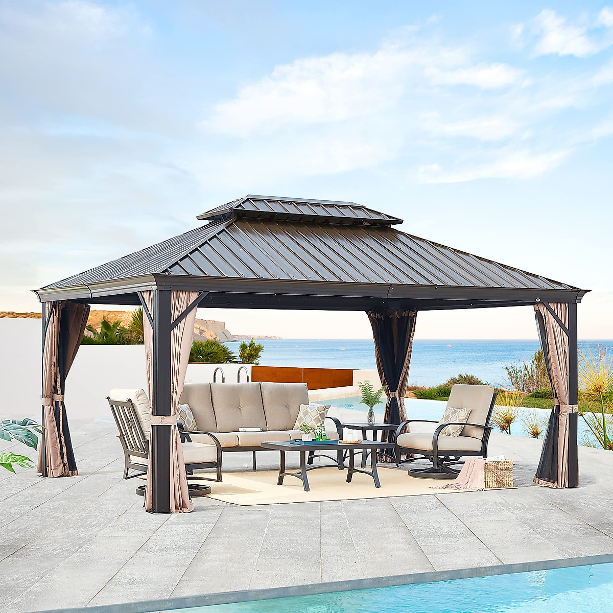 Ulax Furniture 12' x 16' Outdoor Gazebo Patio Permanent Hardtop Pergola with Aluminum Frame Galvanized Steel Double Roof Mosquito Net and Privacy Curtain