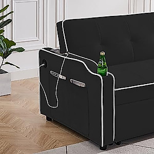 ERYE 3-in-1 Upholstered Futon Sofa Loveseat Convertible Sleeper Couch Bed,2-Seaters Sofa & Couch Soft Cushions Love Seat Daybed for Small Space Living Room Napping Black W/USB Ports and Cupholders