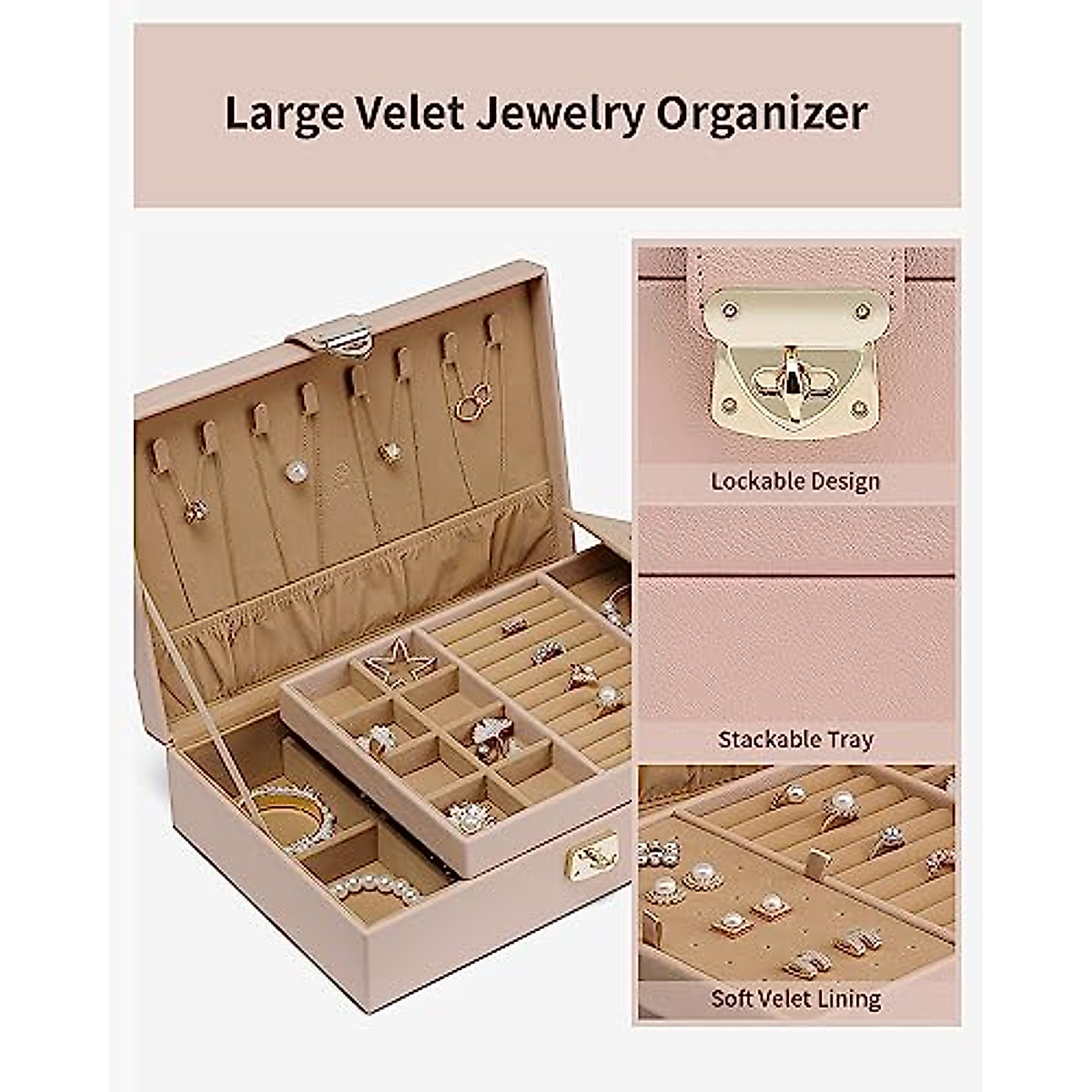 Vlando Jewelry Box for Women Girls 2 Layer Large Jewelry Organizer Storage Case PU Leather Jewellery Stackable Tray for Necklace Earrings Rings Bracelets Home Decor Gifts Beige