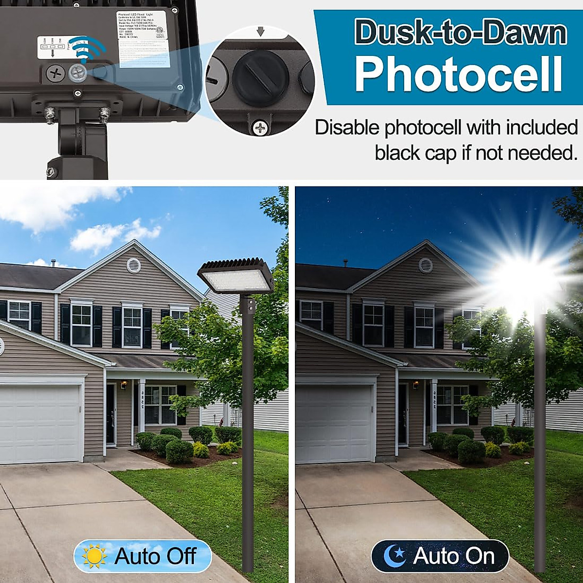 Xbuyee 150W LED Flood Light with Dusk-to-Dawn Photocell, 130lm/W 5000K Daylight 100-277V IP65 Waterproof, 150W-100W-75W Adjustable, LED Parking Lot Light with Slip Fitter Mount, ETL