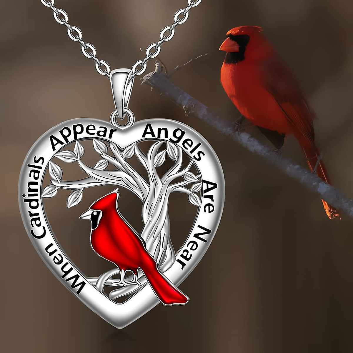 Red Cardinal Necklace for Women Sterling Silver Heart Tree of Life When Cardinal Appear Angels Are Near Necklace Pendant Memorial Bird Jewelry Gifts
