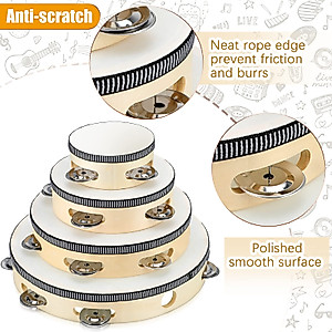 Reginary 8 Pcs Tambourine for Adults Handheld Wood Tambourine 4 Size Single Row Metal Jingles Tambourine Musical Educational Tambourine Gift Rhythm Percussion Instrument for Church Party KTV (Natural)