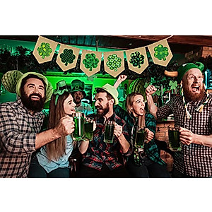 Whaline St. Patrick's Day Burlap Banner with String Green Shamrock Burlap Banner Pre-Assembled Bunting Garland St. Patrick's Day Celebration Hanging Decorations for Home Party Supplies