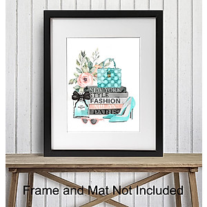 Blue High Fashion Wall Art - Designer Handbag, Purses, Shoes, Perfume - Glam Wall Decor - Luxury Gift for Women - Cute Bathroom decoration Teens Room, Girl Bedroom - Boho-chic Shabby chic Poster