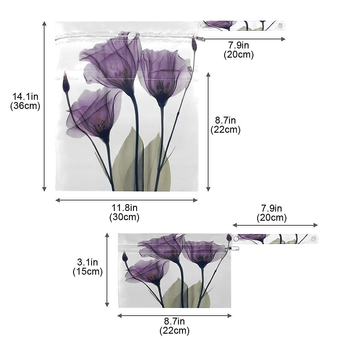 Purple Tulip Flower Wet Dry Bags Tulip Waterproof Baby Cloth Diaper Bags with Two Zippered Pockets Beach Travel Bag for Swimsuit&Wet Cloth 2pcs
