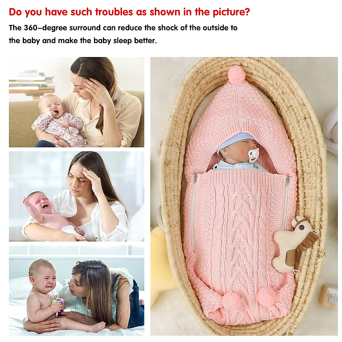 Baby Winter Warmer Wrap Swaddle Blanket Newborn Knitted Wool Sleeping Bag Sack Stroller Wrap Receiving Blanket Home Hospital Blankets for 0-12 Months (Pink)