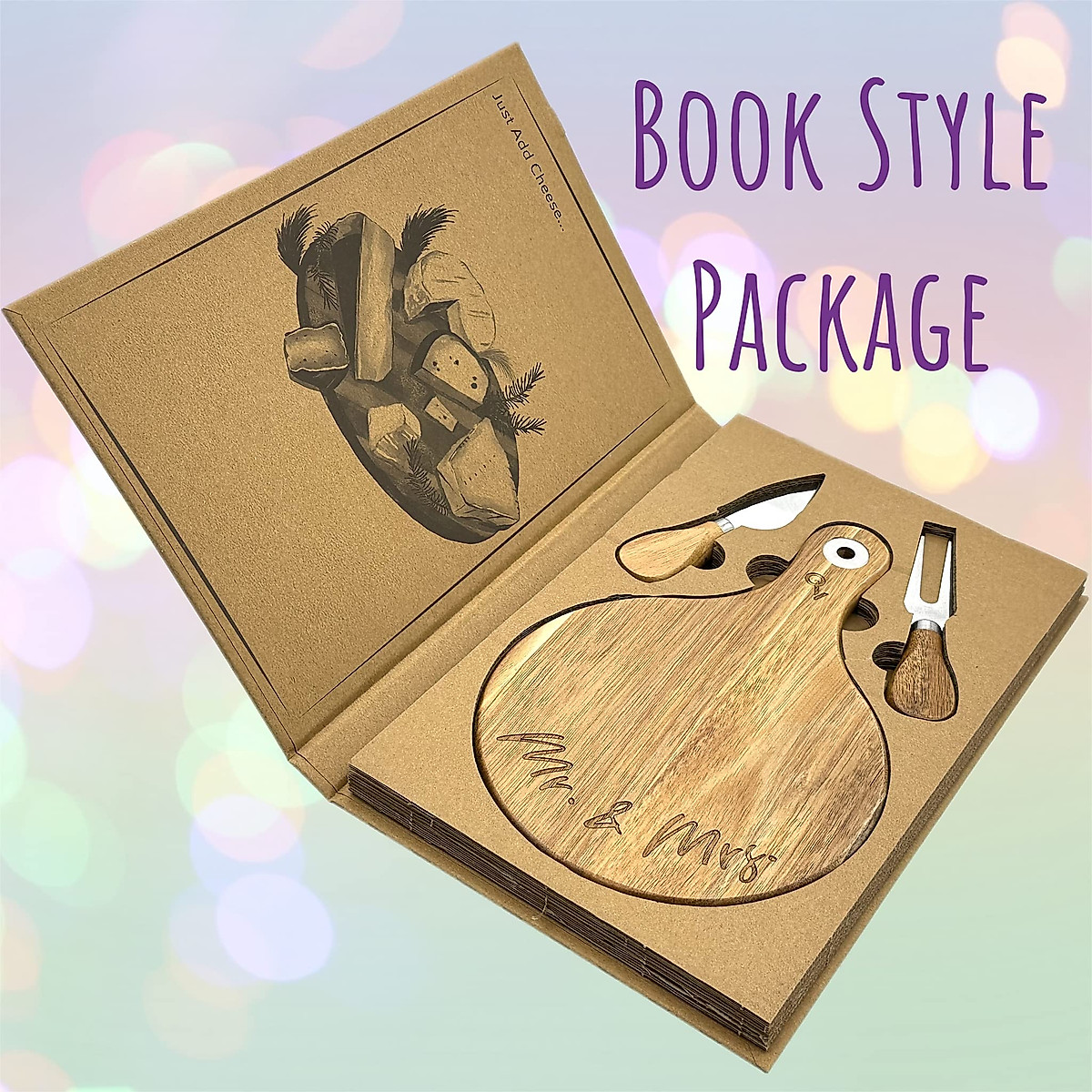 Mr & Mrs Wedding Gift Small Acacia Wood cheese board For charcuterie. Laser Engraved Present In a book like box for newlywed couples. Stainless Steel Utensils.(round)