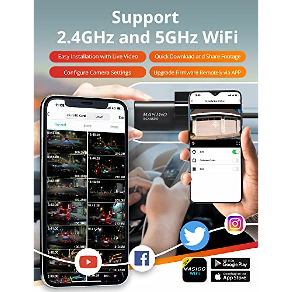 MASIGO Dash Cam Front and Rear with APP, True 4K/2.5K Full HD Dash Camera for Car, Built-in 5G WiFi GPS, Super Night Vision, HDR, 24H Parking Mode, Supercapacitor, Support 256GB Max, Free 32GB SD Card