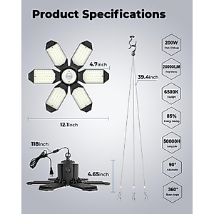 Plug in Garage Light with Motion Sensor - Ultra Bright 200W 20000LM Motion Activated Shop Light with 3 Mode, 6 Deformable LED Panel, 6500K Indoor Motion Light Bulb for Garage, Workshop (1 Pack)