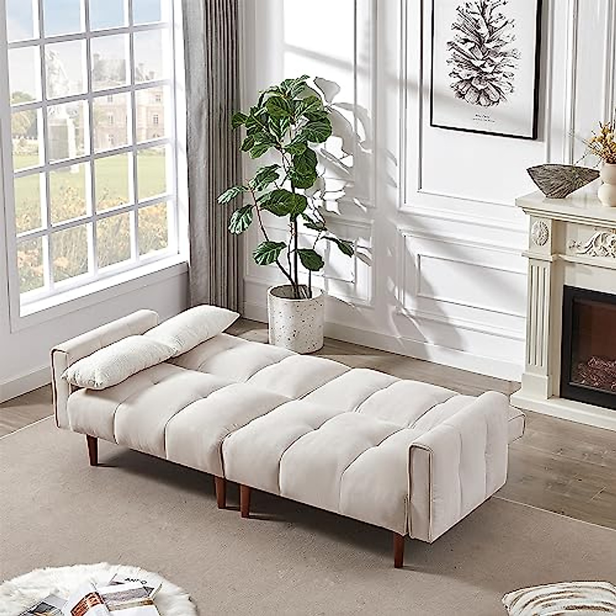 Antetek 81-inch Futon Sofa Bed, Modern Tufted Linen Fabric Convertible Sleeper Sofa Couch, Oversized Loveseat Sofa with 3 Adjustable Positions and 8 Wooden Legs for Living Room Office, Beige