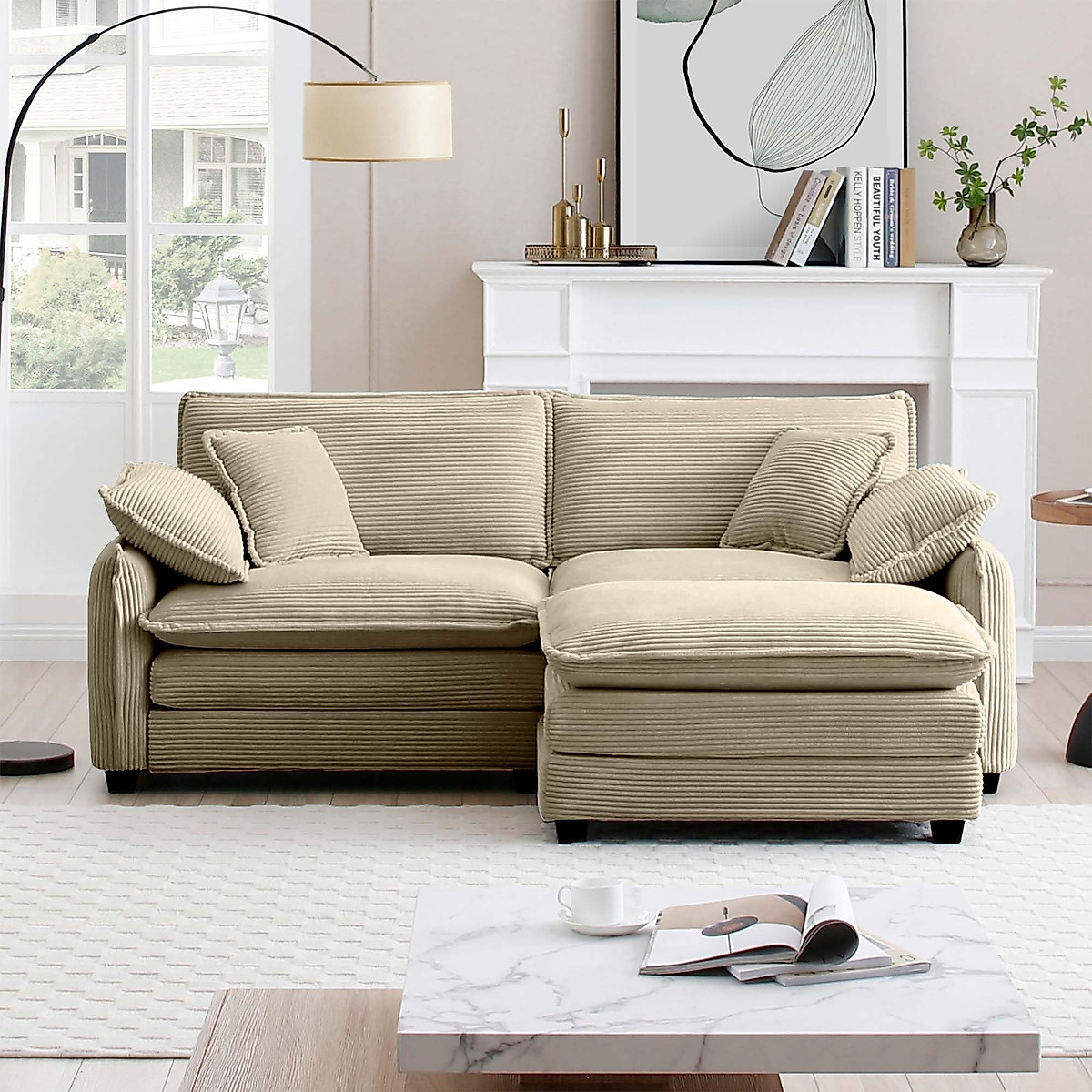 81'' Modular Sectional Sofa Couch, Modern L Shaped Deep Seat Cloud Couch with Movable Ottoman & 4 Pillows, Comfy Corduroy Upholstered Loveseat for Living Room Apartment, Tan