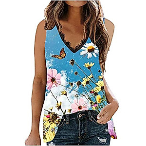 Long Tshirts for Women Women Floral/Butterfly Print Summer Tops V Neck Flowy Tank Tops Lace Trim V Neck Blouse Tunic Cute Vacation Outfits Flowy Blouses for Women