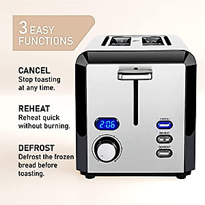 Toaster 2 Slice, KETIAN Wide Slot Toaster Stainless Steel, Countdown Timer, Cancel Reheat Defrost Function, 6 Browning Settings, Removable Crumb Tray,800 watts