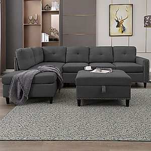 ZAFLY 101" Sectional Couch, L Shaped Sofa with Storage, Convertible Sofá 4-Seat with Reversible Chaise, Living Room Fabric Sofa Sets with Cup Holders -Light Gray